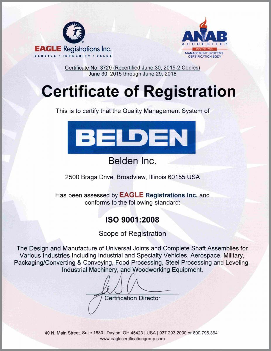 ISO Certification | Belden Universal Joints ISO Certification | Belden Universal Joints